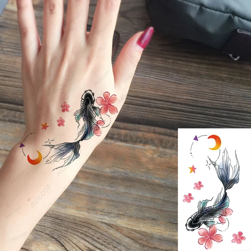 Tattoo-Stickers-Luckly-Fish-Whale-Tail-Moon-Flower-Fake-Tatto ...