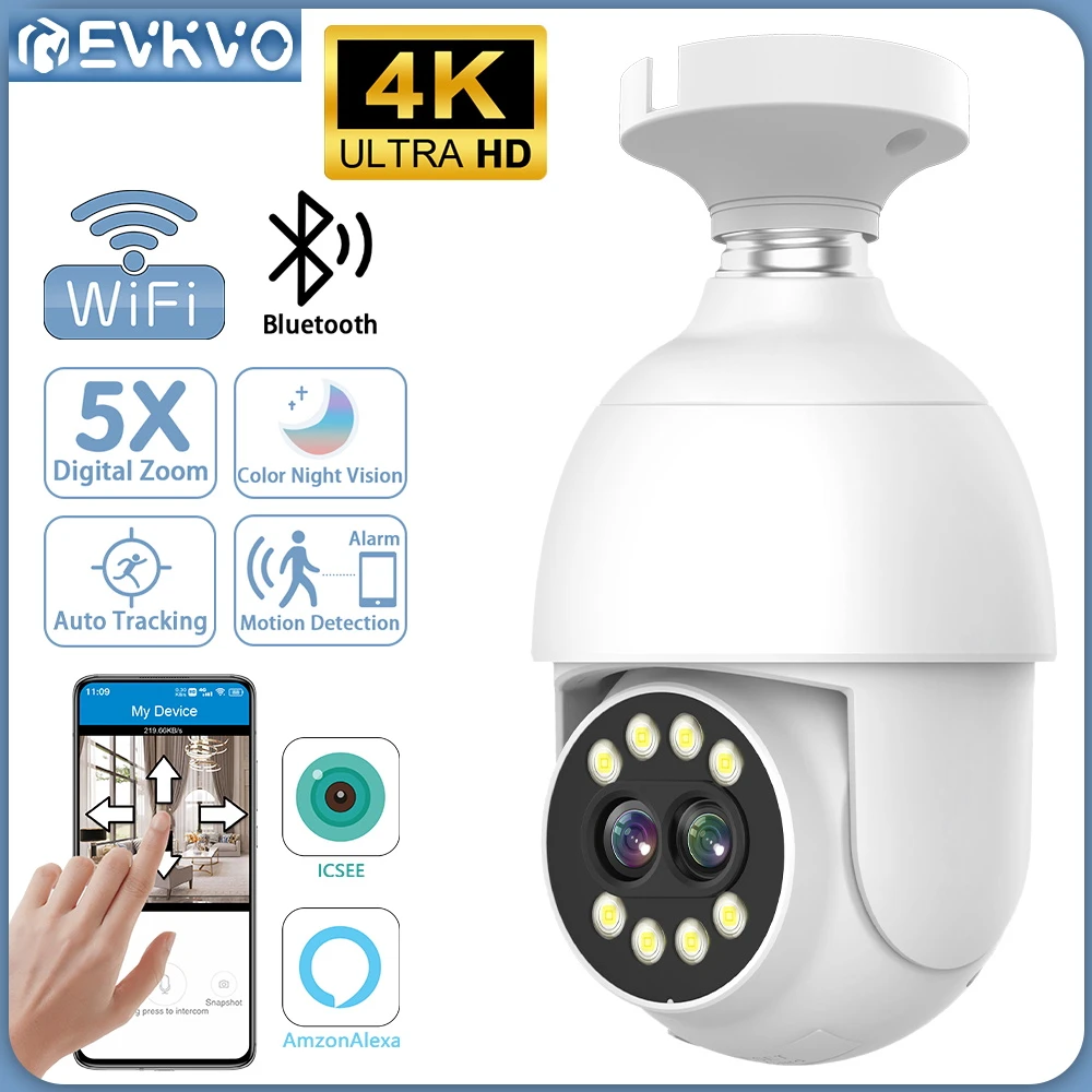 EVKVO-Câmera de Vigilância IP Dual Lens, 4K, 8MP, WiFi, Câmera Bulbo ...