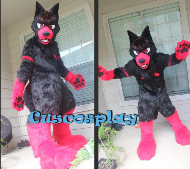 Fursuit-Wolf-Black-Red-Husky-Dog-Fox-Mascot-Costume-Long-Fur-Furry ...