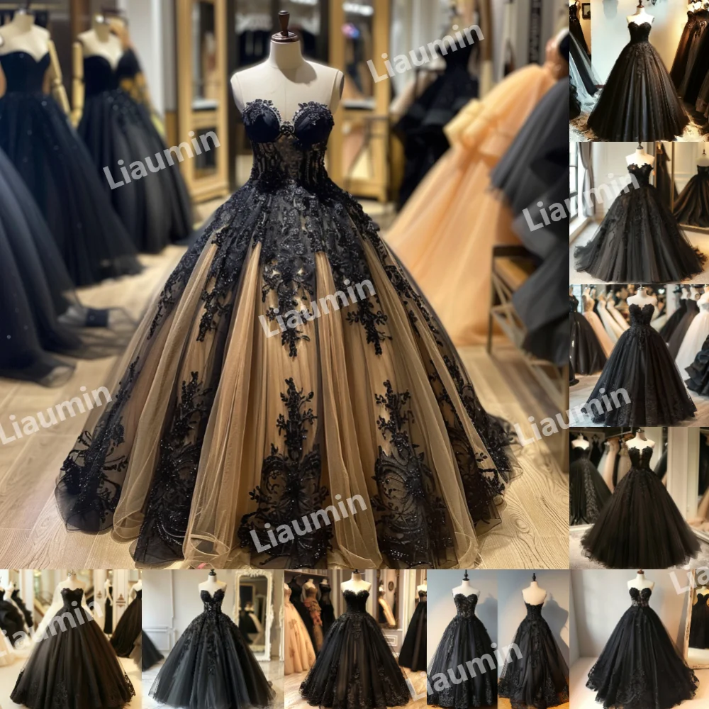 New-Classic-Black-Tulle-Lace-Applique-Strapless-Ball-Gown-Prom-Formal-Occasion-Dress-Evening ...