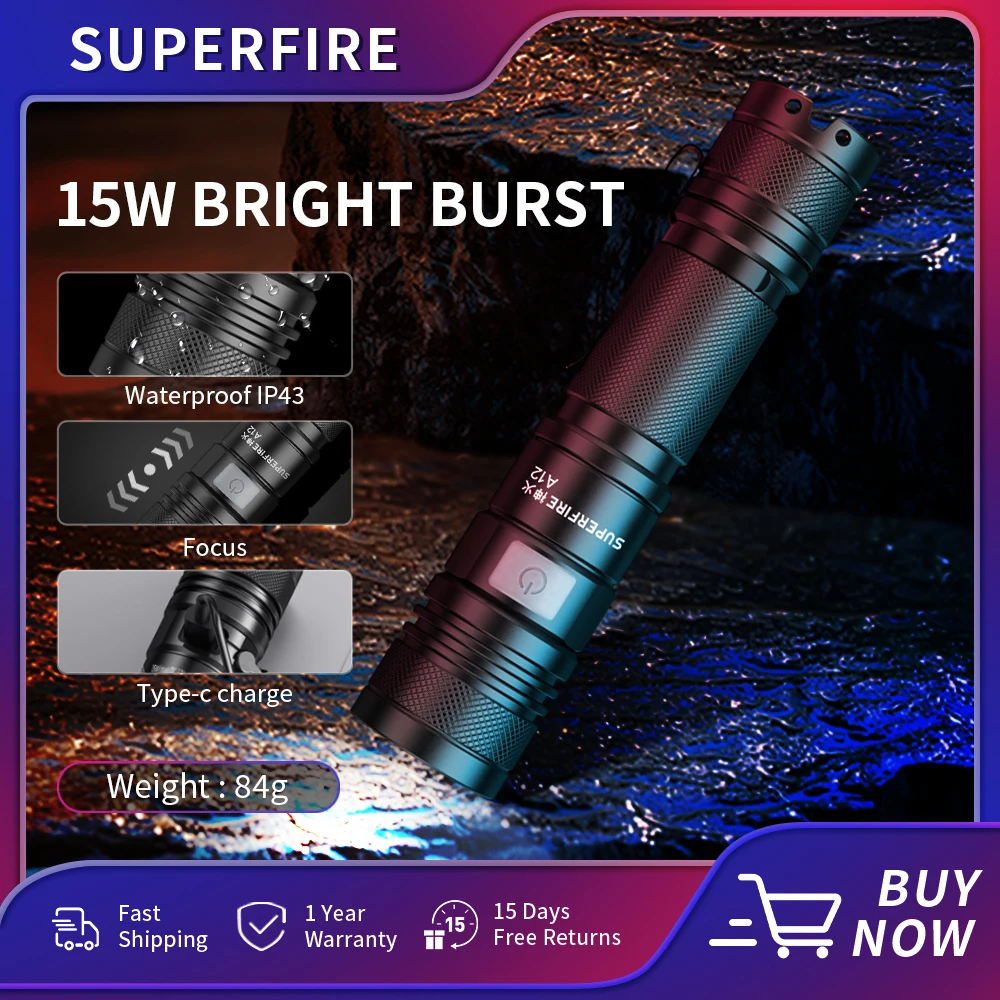 SUPERFIRE linterna con Zoom A12, 15W, 18650 USB C, ultra potente ...