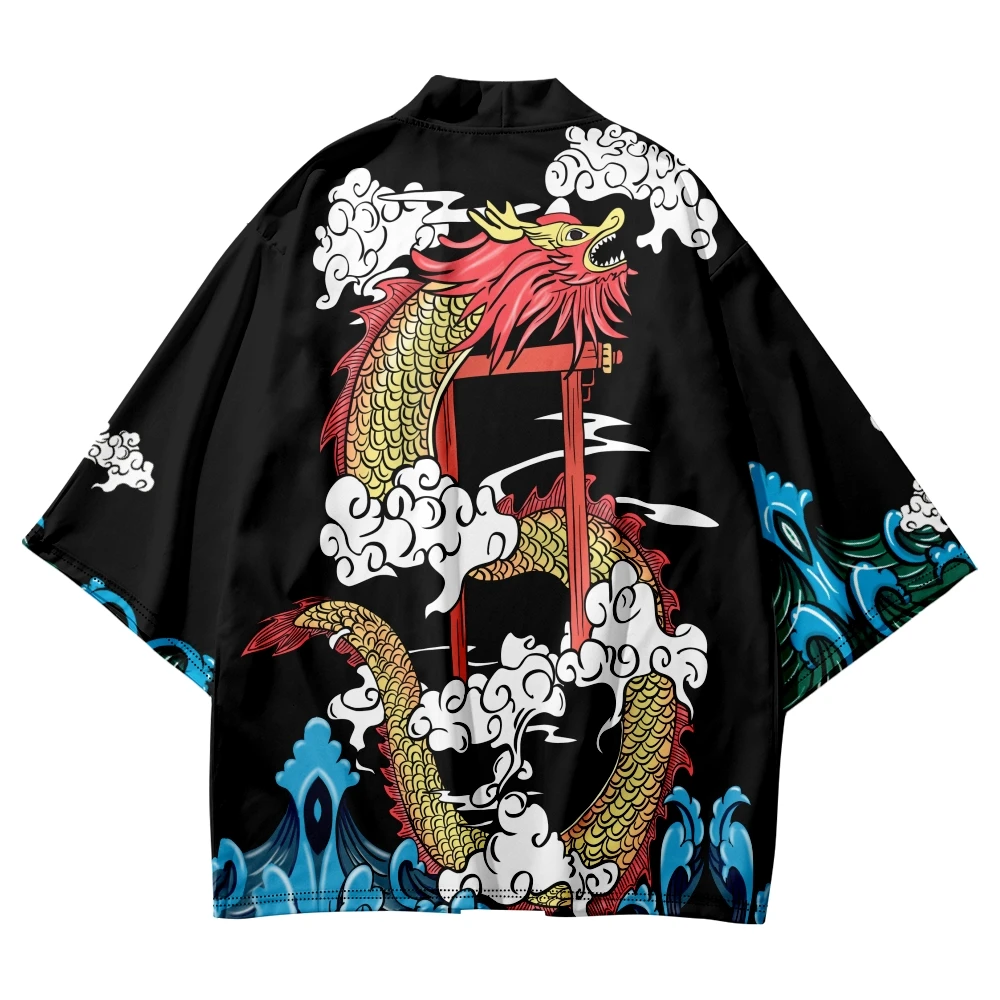 Chinese Cartoon Dragon Print Kimono Streetwear Men Women Cardigan Haori ...