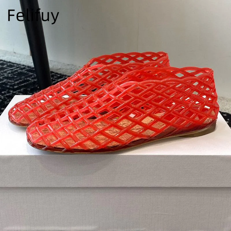 Red Mesh Jelly Shoes Hollow Round Toe Beach Shoes Comfy Plastic ...
