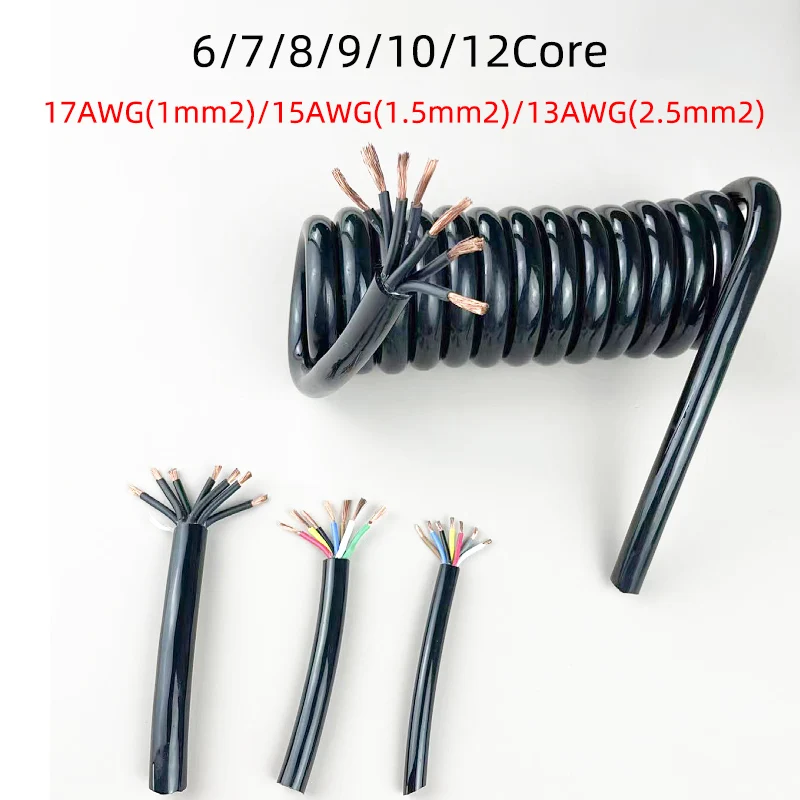6-7-8-9-10-12Cores-Black-Spring-Spiral-Cable-Telescopic-17-15-13AWG ...