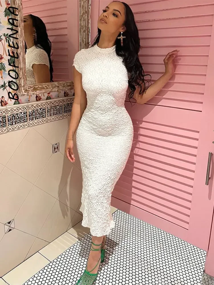 BOOFEENAA-Sexy-Short-Sleeve-Bodycon-Slit-Long-Dress-Translucent-White ...