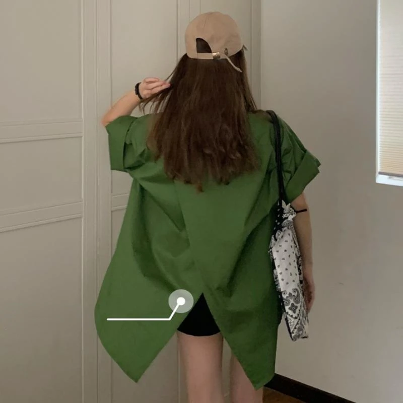 Women's Back Slit Shirt White Green Short-sleeved Top Thin Coat Summer ...