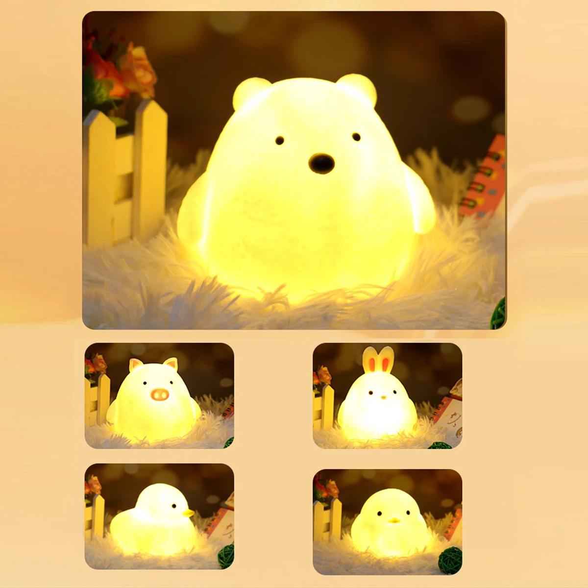 New Cute Night Light Animal LED Night Lamp Bear Duck Rabbit Pig Chicken ...