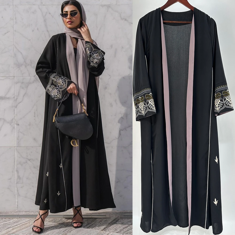 Eid-Black-Open-Kimono-Abaya-Dubai-Luxury-Embroidery-Islam-Muslim-Kaftan-Dress-Kebaya-Palestine ...