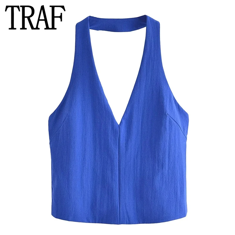 TRAF-Top-azul-con-cuello-Halter-y-espalda-descubierta-para-mujer-Tops ...