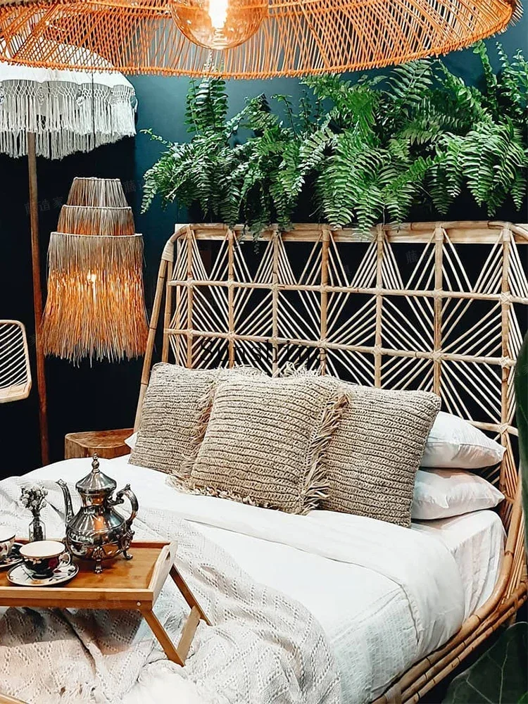 Simple rattan double bed furniture rattan art creative bedroom homestay ...