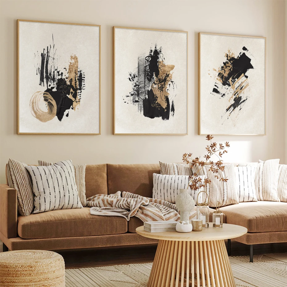 Abstract Borstel Textuur Poster Zwart Mat Gouden Canvas Prints Schilderijen Neutrale Wall Art ...