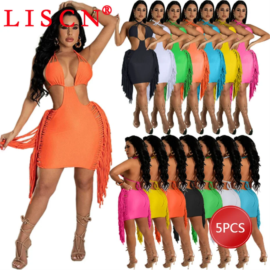5pcs Bulk Items Wholesale Lots 2022 New Summer Women Clothing Mini Dress Sexy Sleeveless Hollow ...