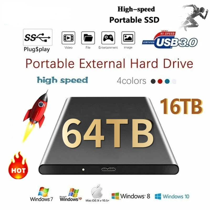 신제품 오리지널 휴대용 고속 SSD 2TB/4TB/8TB/16TB/30TB, 외장 하드 드라이브, 대용량 저장, USB 3.0 ...