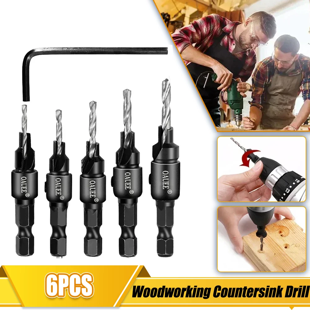 6Pcs-Countersink-Drill-Bit-Carpentry-Drill-Set-Drilling-Pilot-Holes-For ...