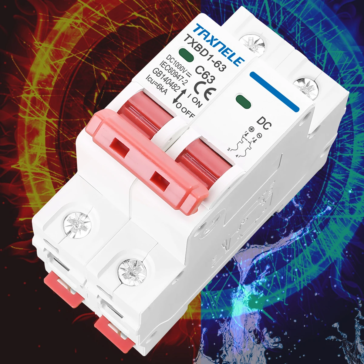 Taxnele TXBD1-63 2P DC 1000V Solar Mini Circuit Breaker Battery Switch 6A 10A 16A 20A 25A 32A ...