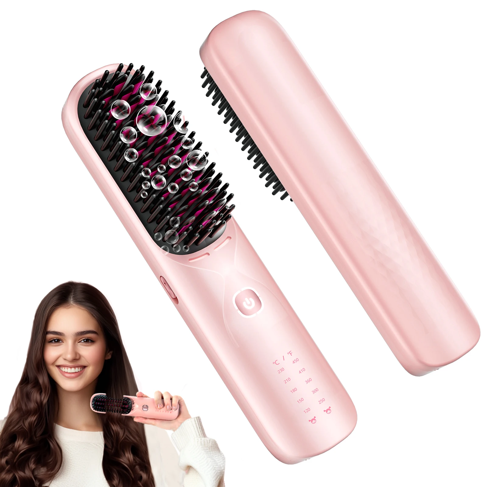 Portable 2 in 1 Hair Straightener Brush Fast Heating Negative ion ...