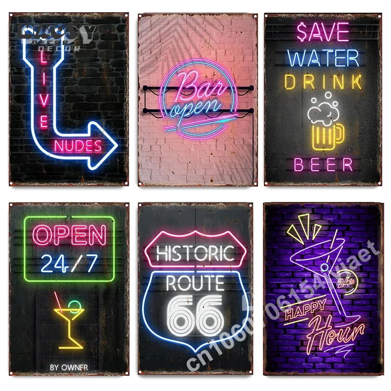 Vintage Neon Effect Bar Open Metal Sign Decor Wall Decor Retro Drinks ...