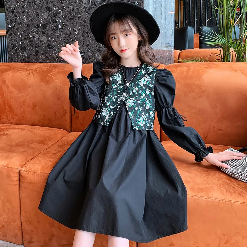 Teenage Girls Dress Winter Kids Dress With Flower Vest Cotton School ...