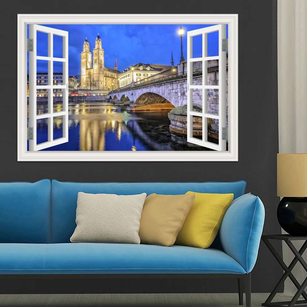 Single-piece-Package-City-Night-View-3D-Window-View-Sticker-Cross-sea ...