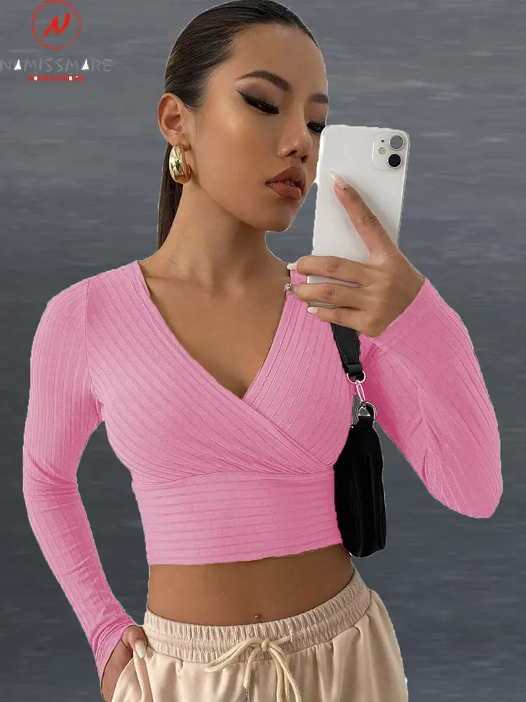 Sexy Women Solid Color T-Shirts for Streetwear Patchwork Design V-Neck ...