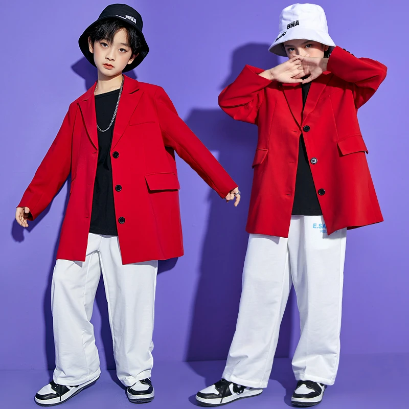 Kids Showing Kpop Hip Hop Clothing Oversize Red Blazer Shirt Suit ...