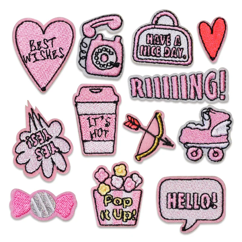 Self-adhesive-12pcs-Pink-Style-Cartoon-Heart-Letter-Embroidery-Patches ...