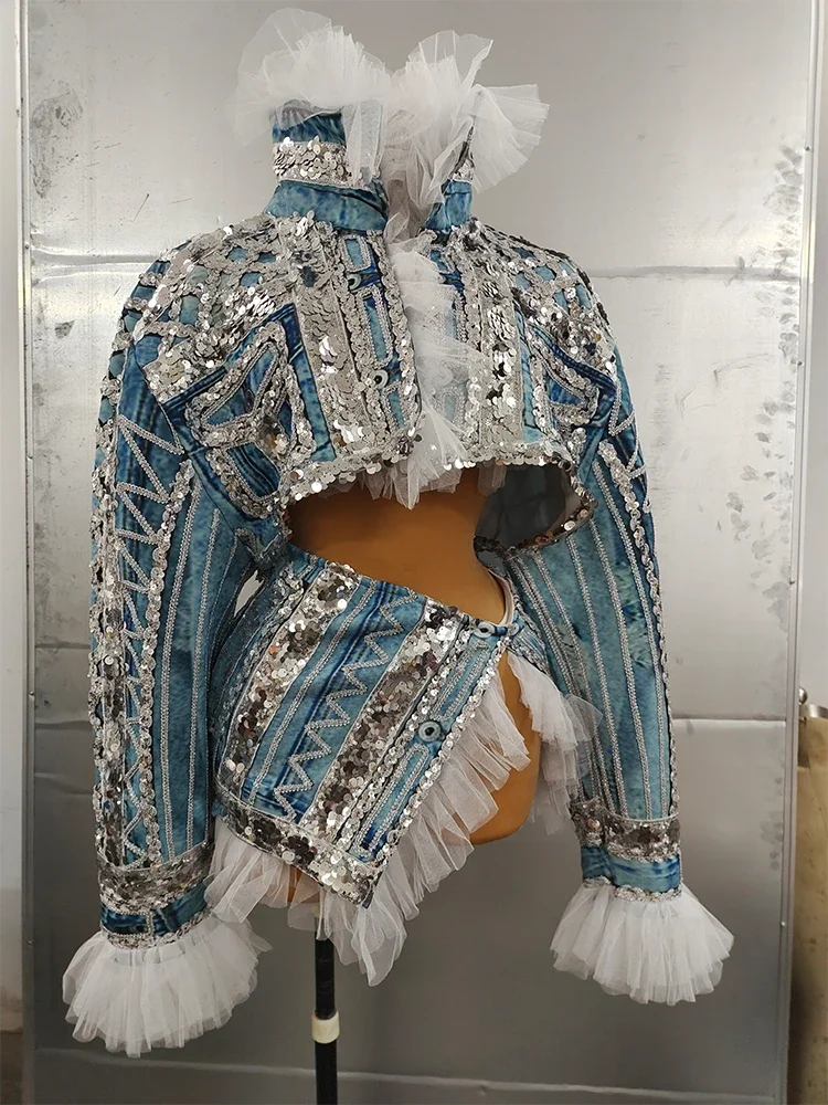 two pieces Sequin Coats dress Women Mesh Ruffles Faux Denim Jacket ...