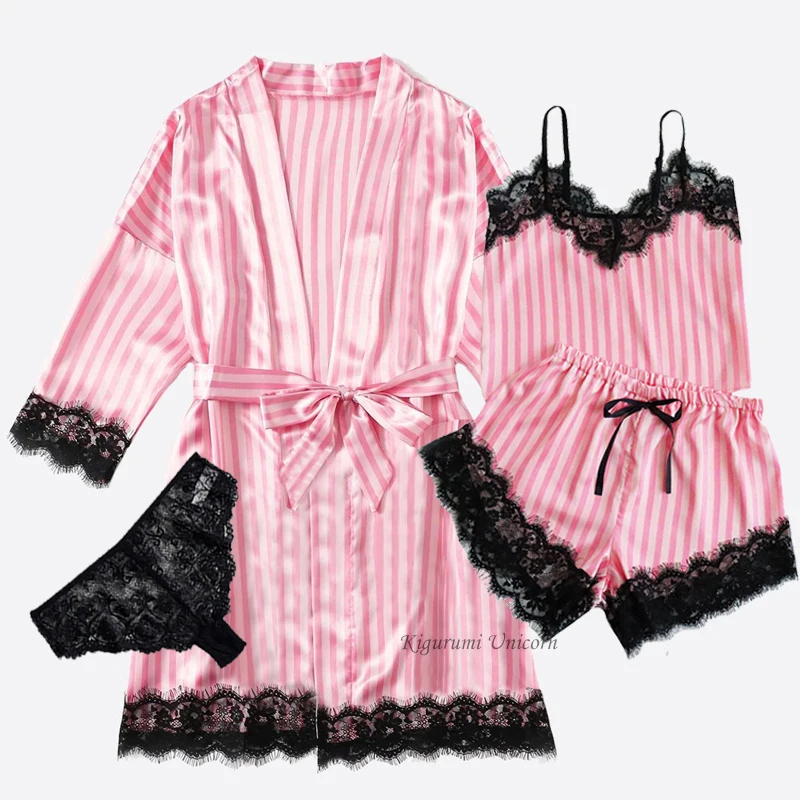 Pink-Stripe-Robe-and-Pajamas-set-Women-Silk-Satin-Lace-Sleepwear-Summer ...