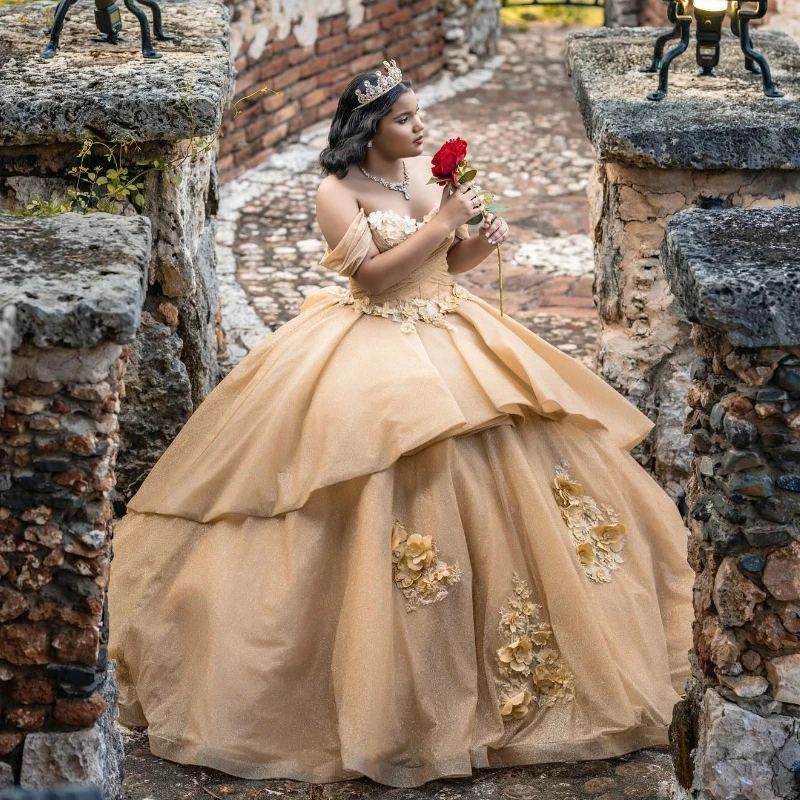 Gold-Shiny-Princess-Quinceanera-Dresses-Off-Shoulder-Gillter-3DFloral ...