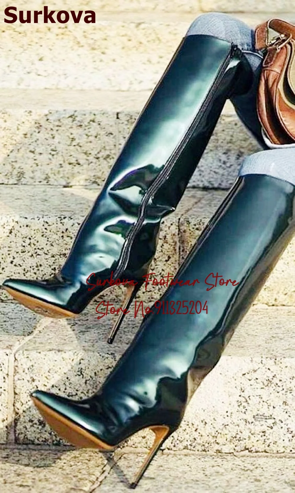 Surkova-Black-Patent-Leather-Stiletto-Heel-Knee-High-Boots-Pointed-Toe ...