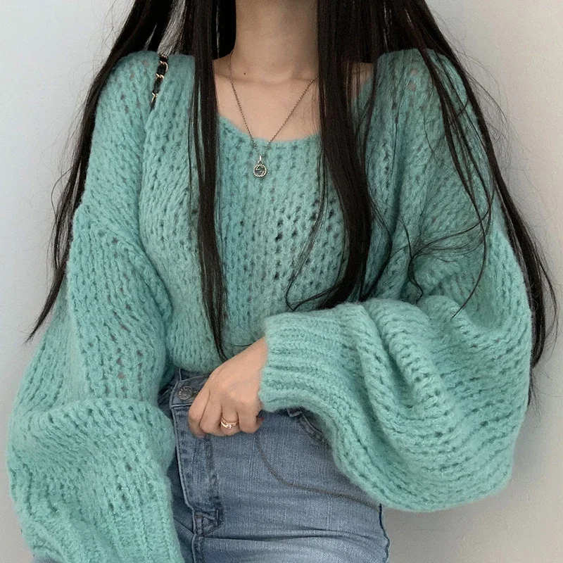 Figohr Female Hollow Out Solid Knitted Sweater Lantern Sleeve O Neck