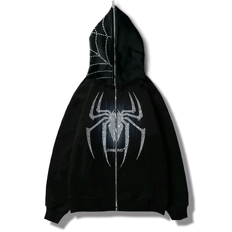 Spider web Black Rhinestones hoodie sweatshirt zipper warm Harajuku ...