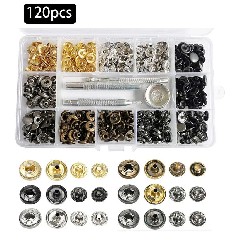120PCS Metal Button Leather Snap Fasteners Kit Snap Press Studs with ...