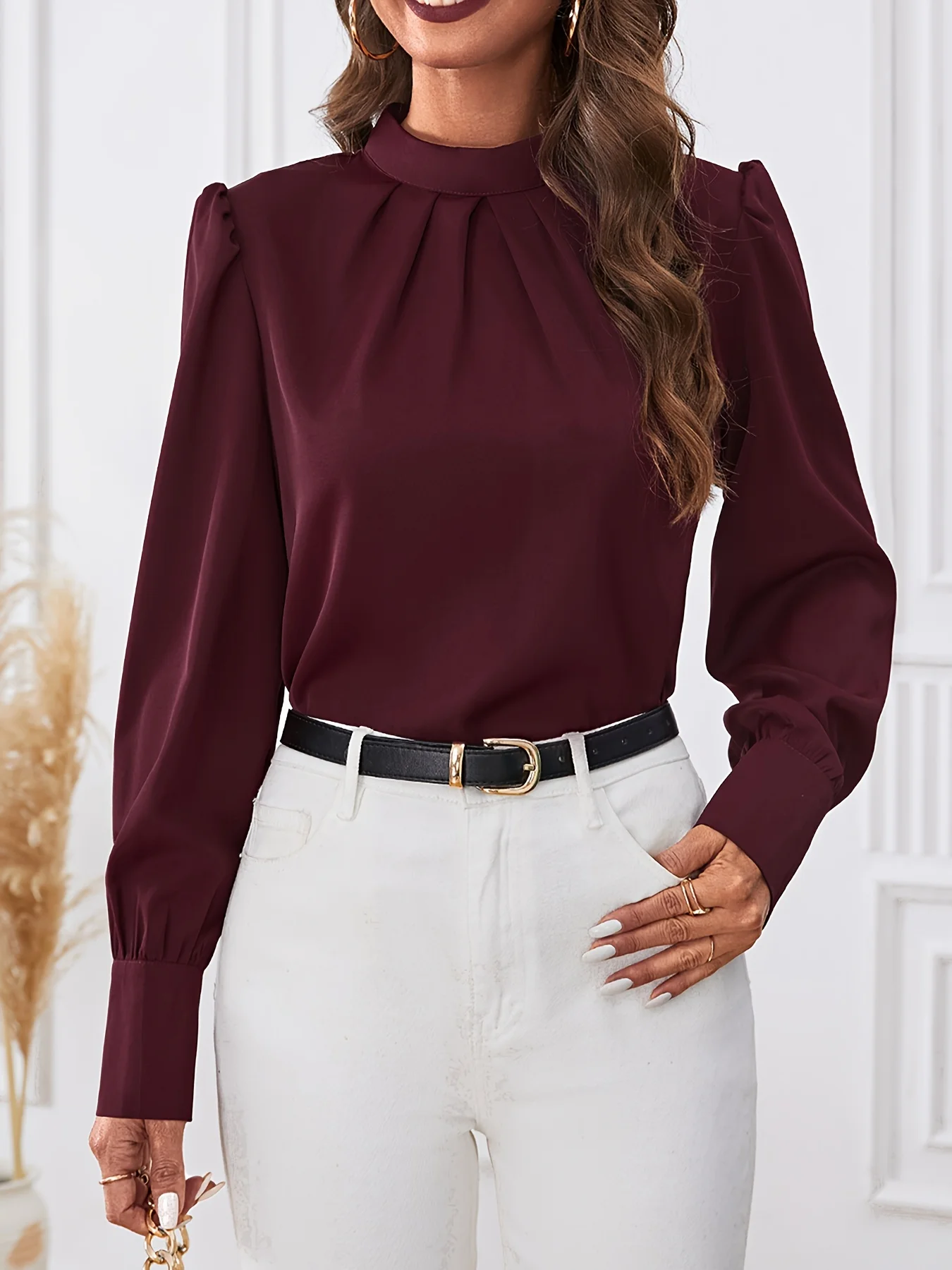 Myvesto-Women-Solid-Color-Long-Sleeve-Top-Elegant-Neckline-Pleated ...