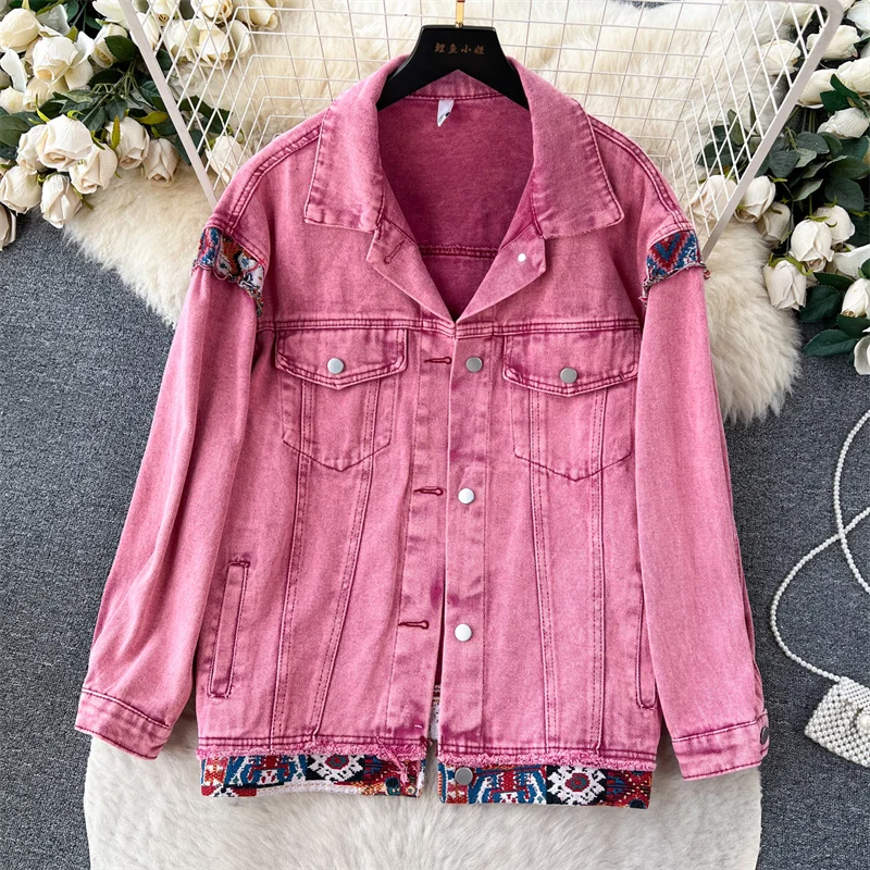 Harajuku-Vintage-Pink-Short-Denim-Jacket-Fashion-Patchwork-Contrast ...