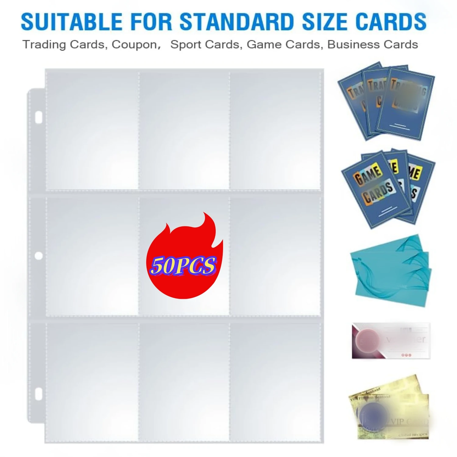50pcs 3 Holes Card Organizer Binder Trading Card Sleeve - Clear Double ...