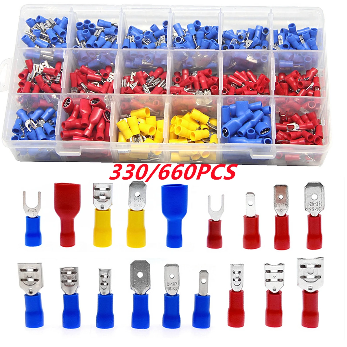 330/660pcs Conector De Cabo Isolado Fio Elétrico Friso Spade Butt Fork ...