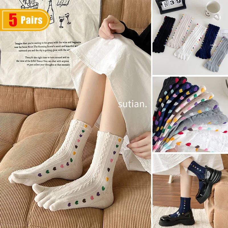 5 Pairs Five Finger Socks Short Women Girl 3D Pattern Love Cotton Young ...