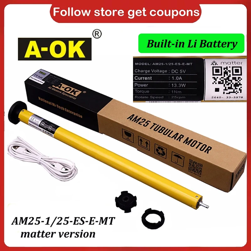 A-OK AM25 Tuya Matter Smart RF Tubular Motor Li Battery DC Roller ...