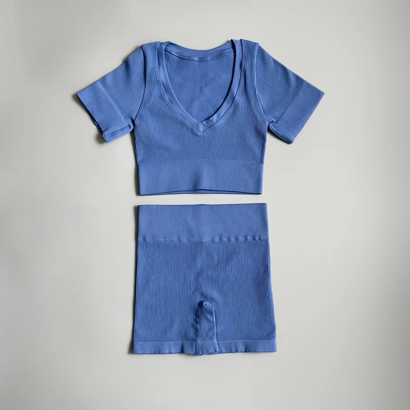 Seamless Yoga Set Women Sportwear Workout V Neck Short Sleeve Crop Top ...