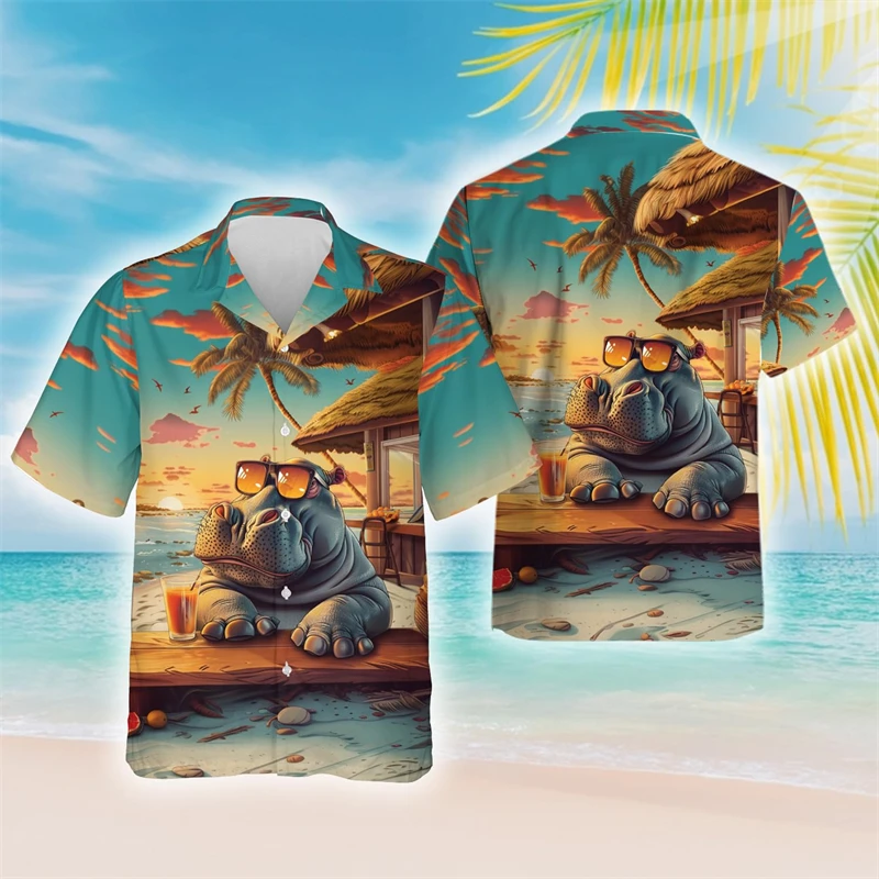 Funny Hippo 3D Printed Beach Shirts Cute Animal Shirt For Men Clothes ...