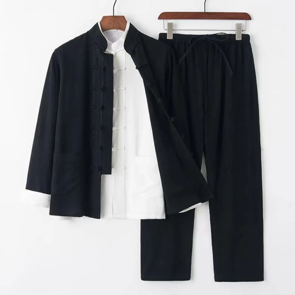 Chinese Traditional Clothes for Men Top Pants Long Sleeved Wushu KungFu ...