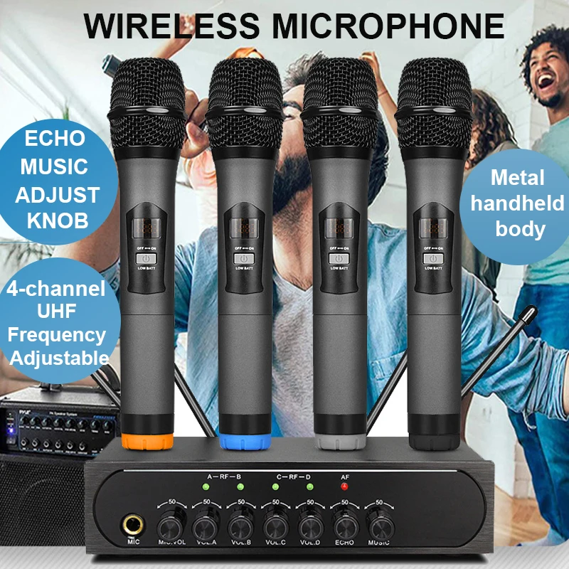 Adjustable Four-Channel Wireless Microphone SystemUHF Metal Handheld ...
