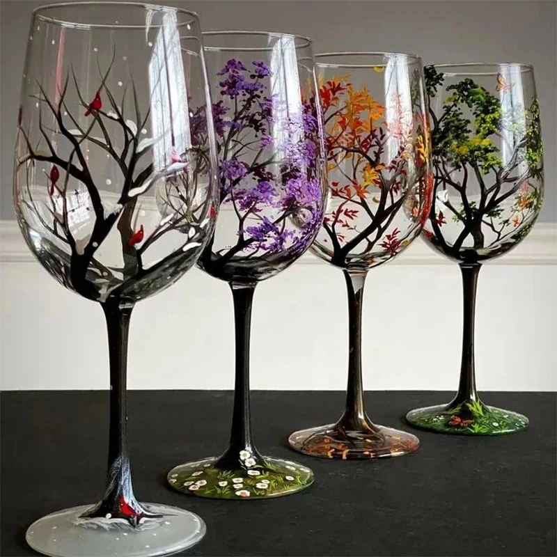 NEW Four Seasons Trees Wine Glasses Creative Printed High Legged Glass ...