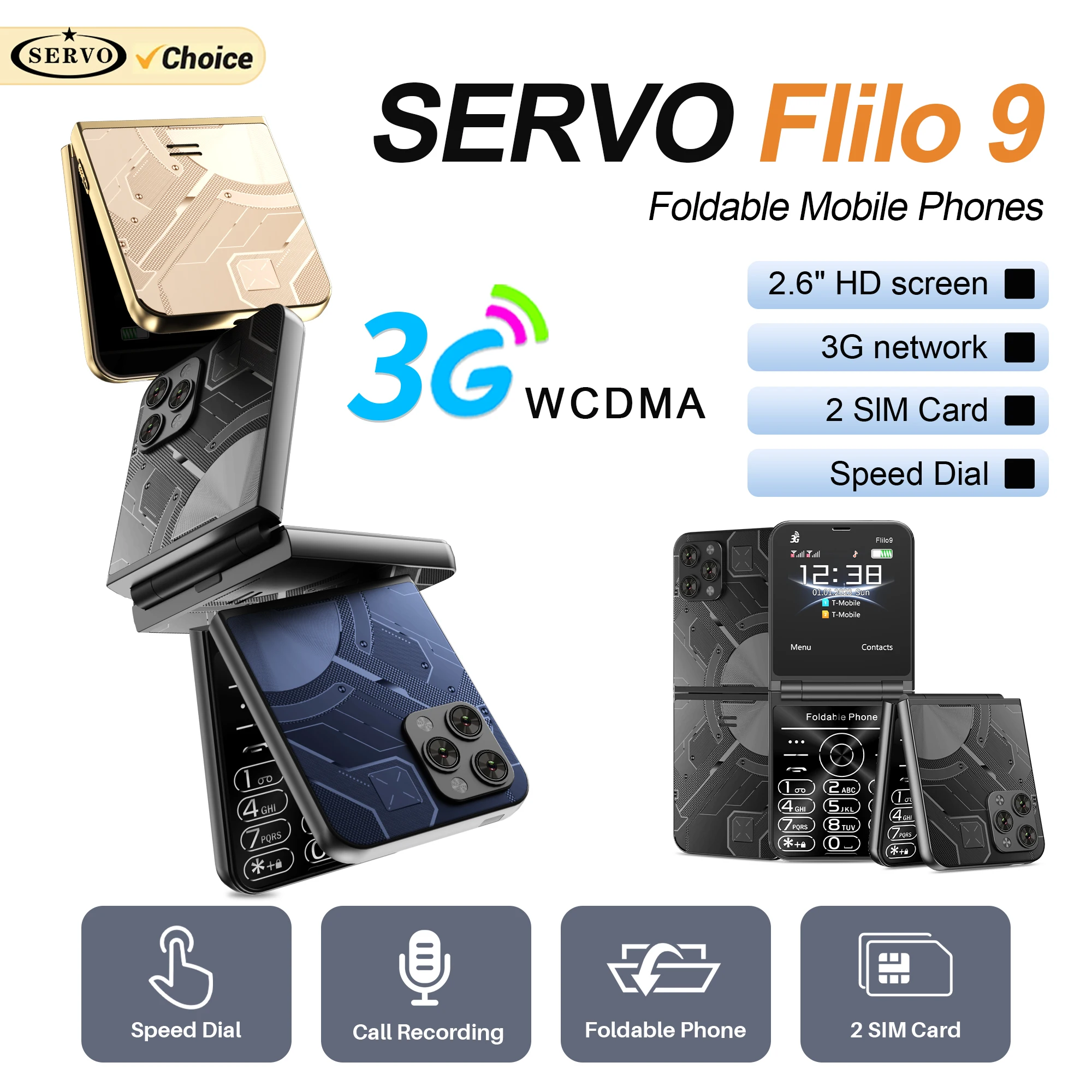 SERVO Flilo9 3G WCDMA Flip Mobile Phone Speed Dial Call Recording ...