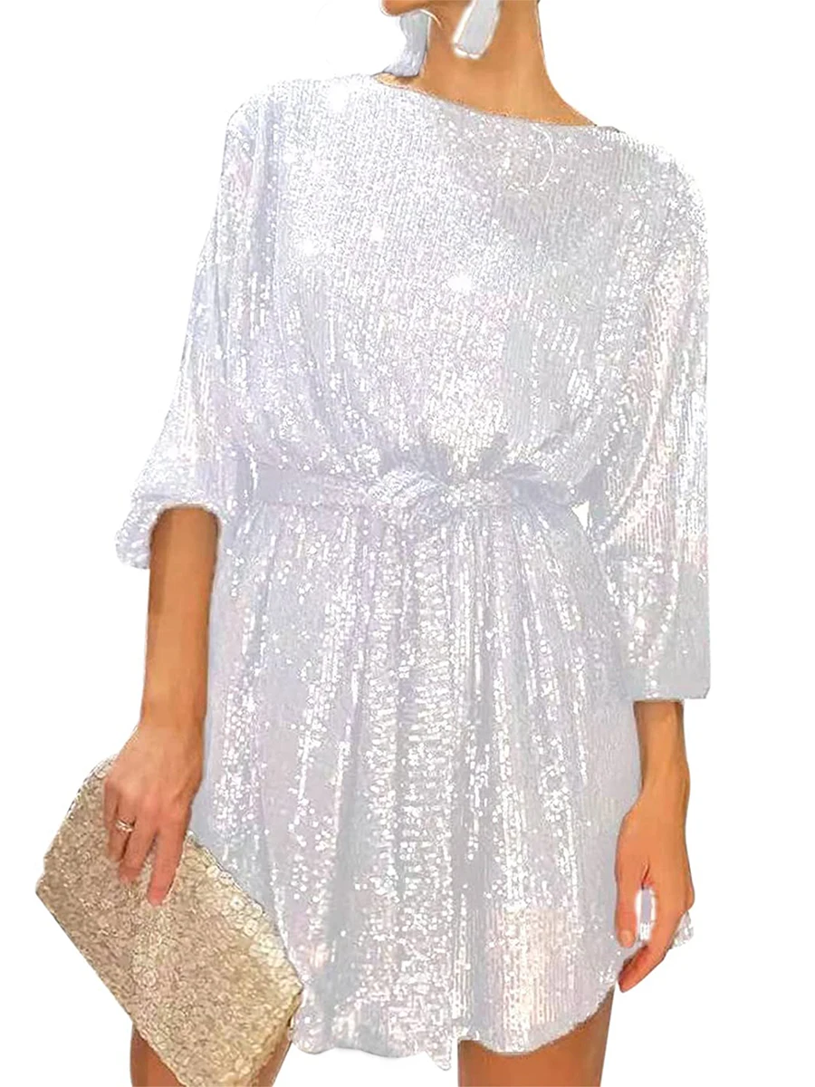 Women-s-Shiny-Sequins-Sparkly-Glitter-Dress-Crewneck-Short-Sleeve-Solid ...