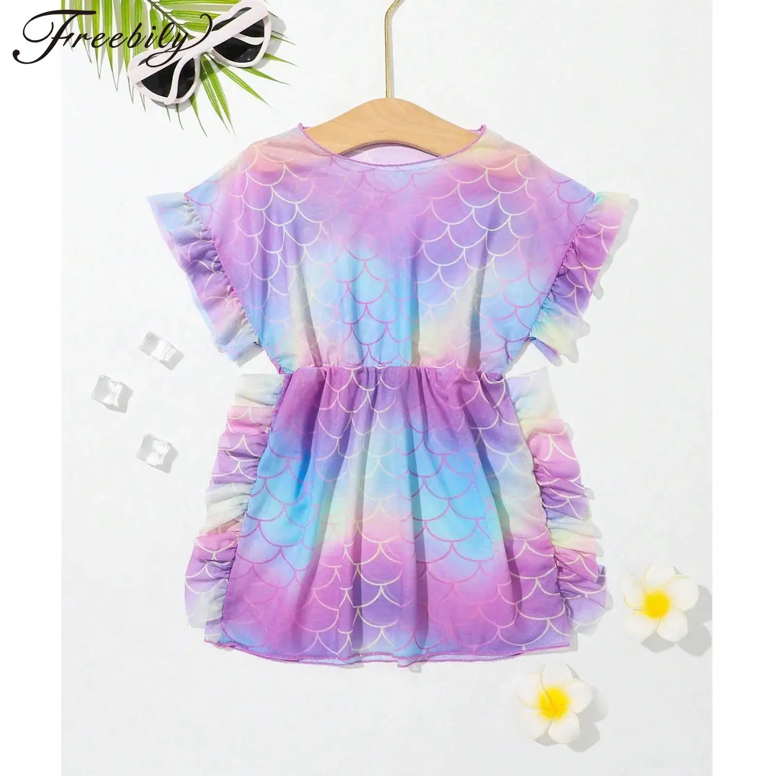 Kids Girls Fish Scales One-piece Swimsuit Bikini Cover Up Dress Mermaid ...