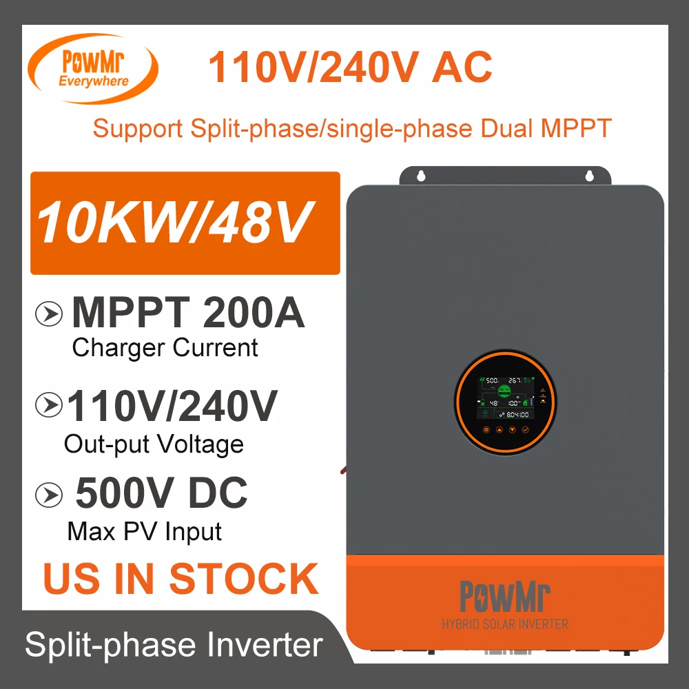 PowMr 10KW Support Single Split Phase 48V Hybrid Solar Inverter 120/240V AC output 2 MPP Tracker ...