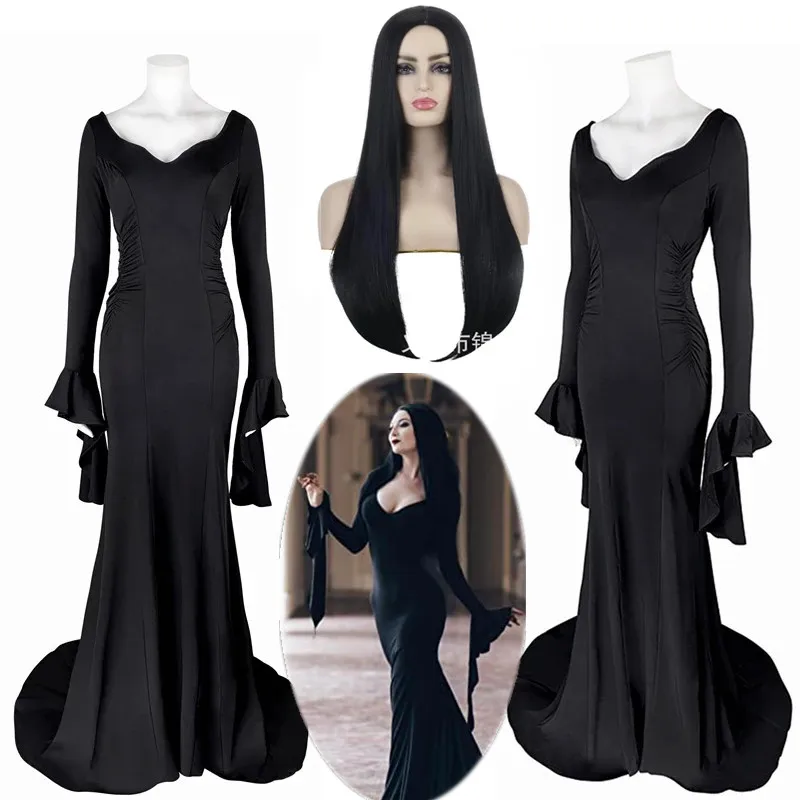 Addams-Disfraz de Cosplay de Morticia Addams para mujer adulta, vestido ...