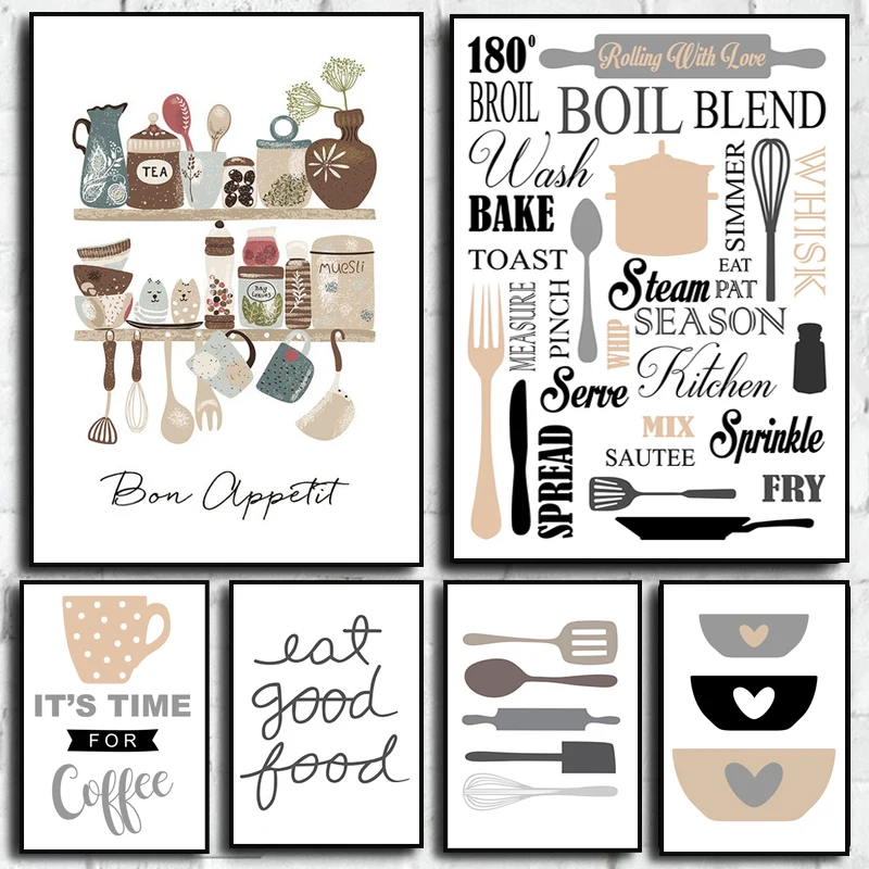 Coffee Cups Cutlery Tableware Poster Nordic Canvas Painting The Kitchen ...
